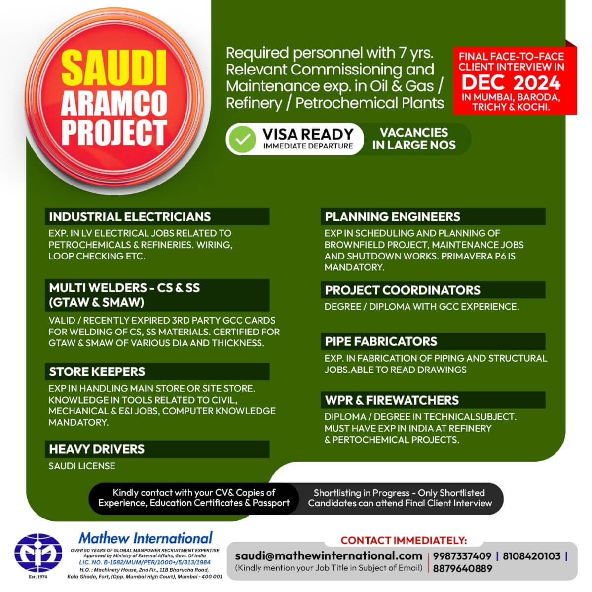Required personnel for Saudi Aramco with 7 yrs. relevant Commissioning and Maintenance exp. in ...