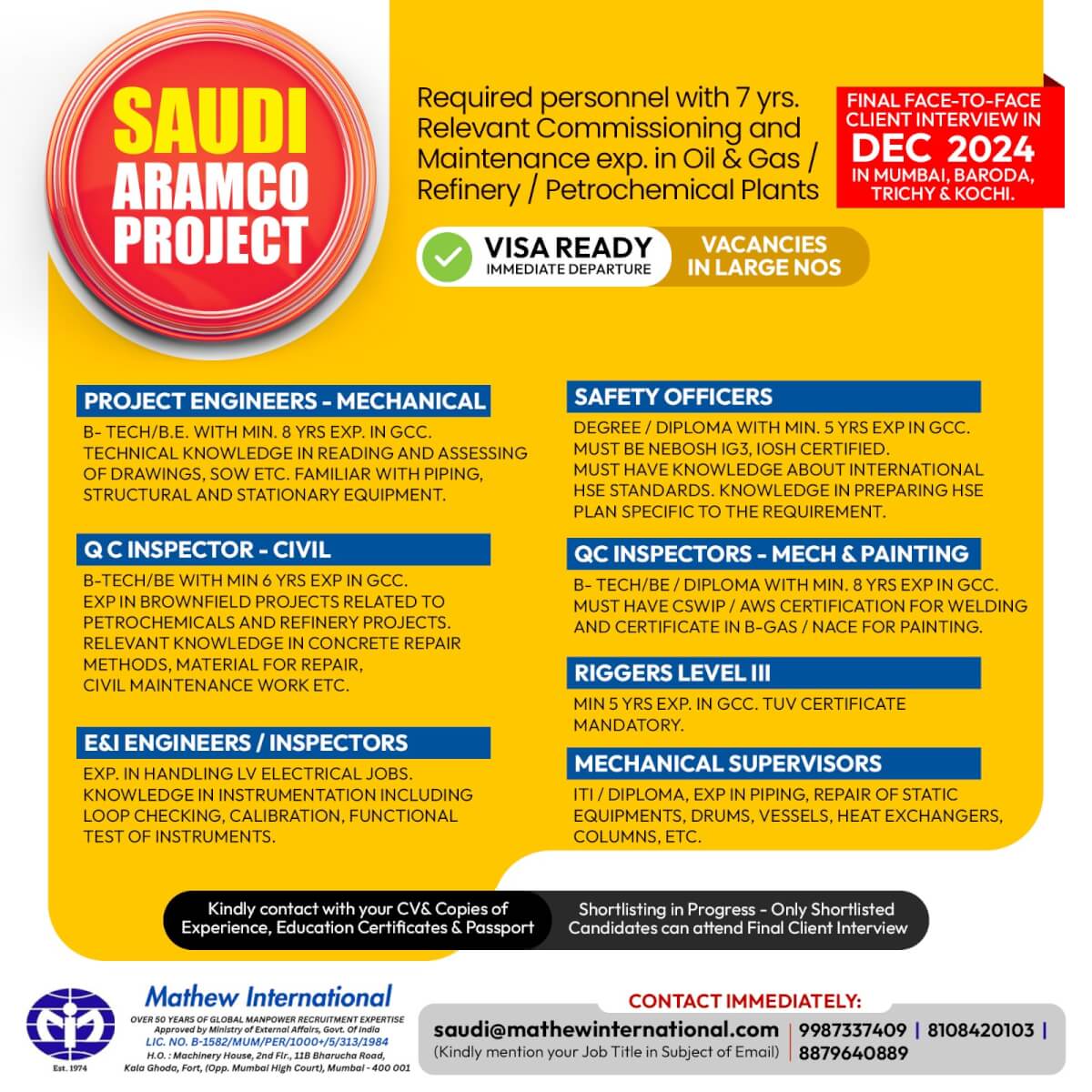 Required personnel for Saudi Aramco with 7 yrs. relevant Commissioning and Maintenance exp. in ...