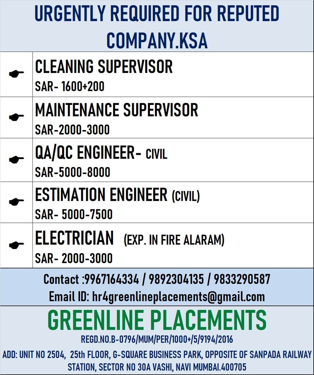 Get all the Job Postings of Employer GREENLINE PLACEMENTS from India