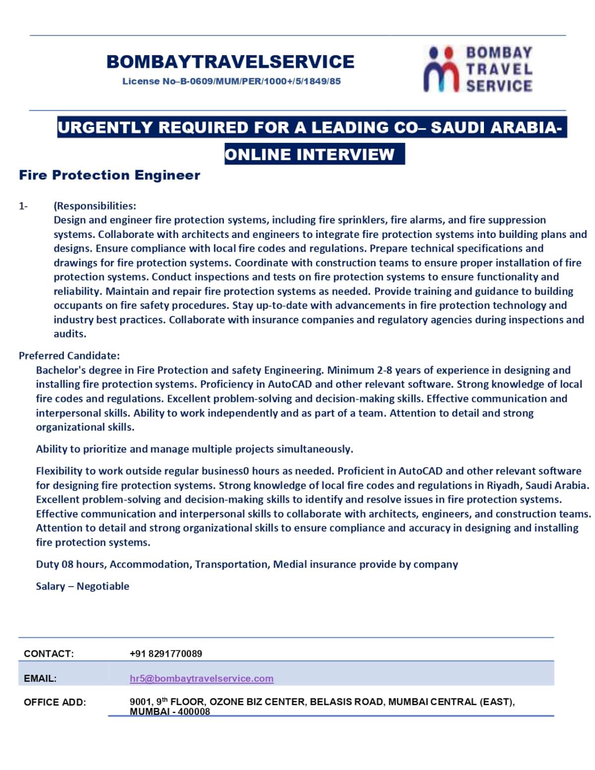 Urgently Hiring Fire Protection Engineer For Saudi Arabia