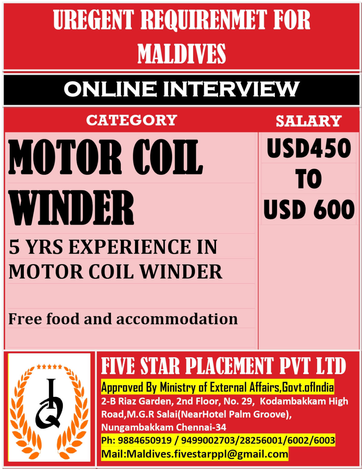 URGENT REQUIREMENT FOR MALDIVES