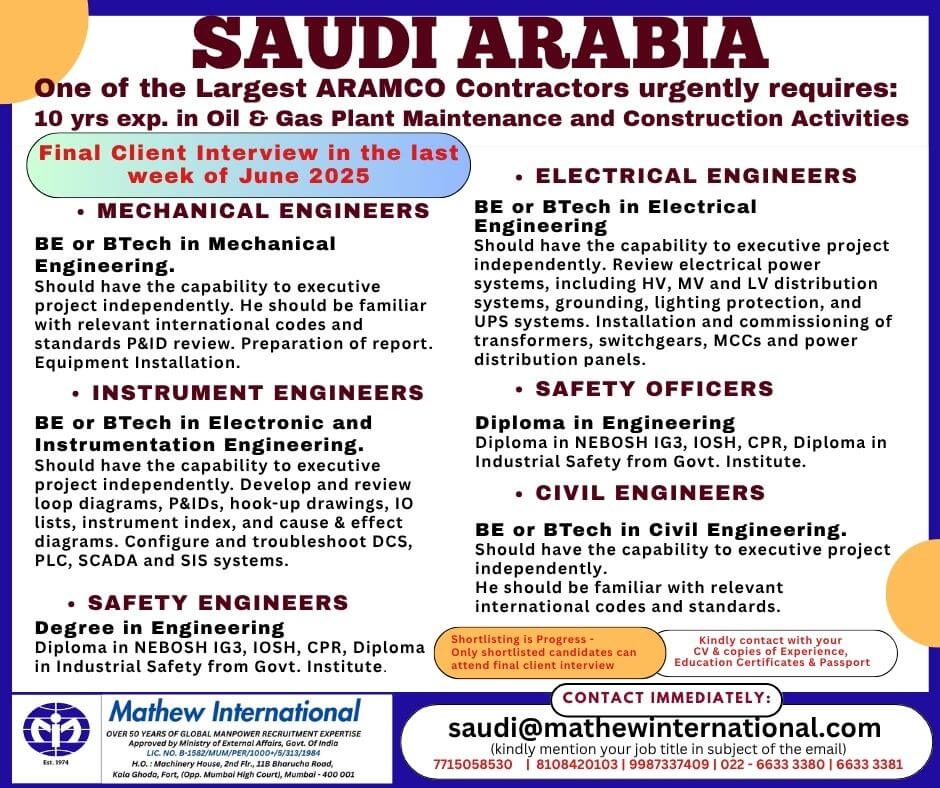 SAUDI ARABIA - One of the Largest ARAMCO Contractors urgently requires